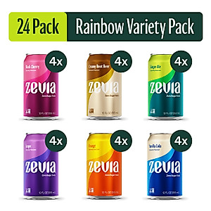 Zevia Zero Sugar Soda, Rainbow Variety Pack, 12 oz Cans (24-Pack) – Naturally Sweetened, Zero Calorie Sugar Free Soda - Non-GMO Project Verified, Gluten-Free, Vegan
