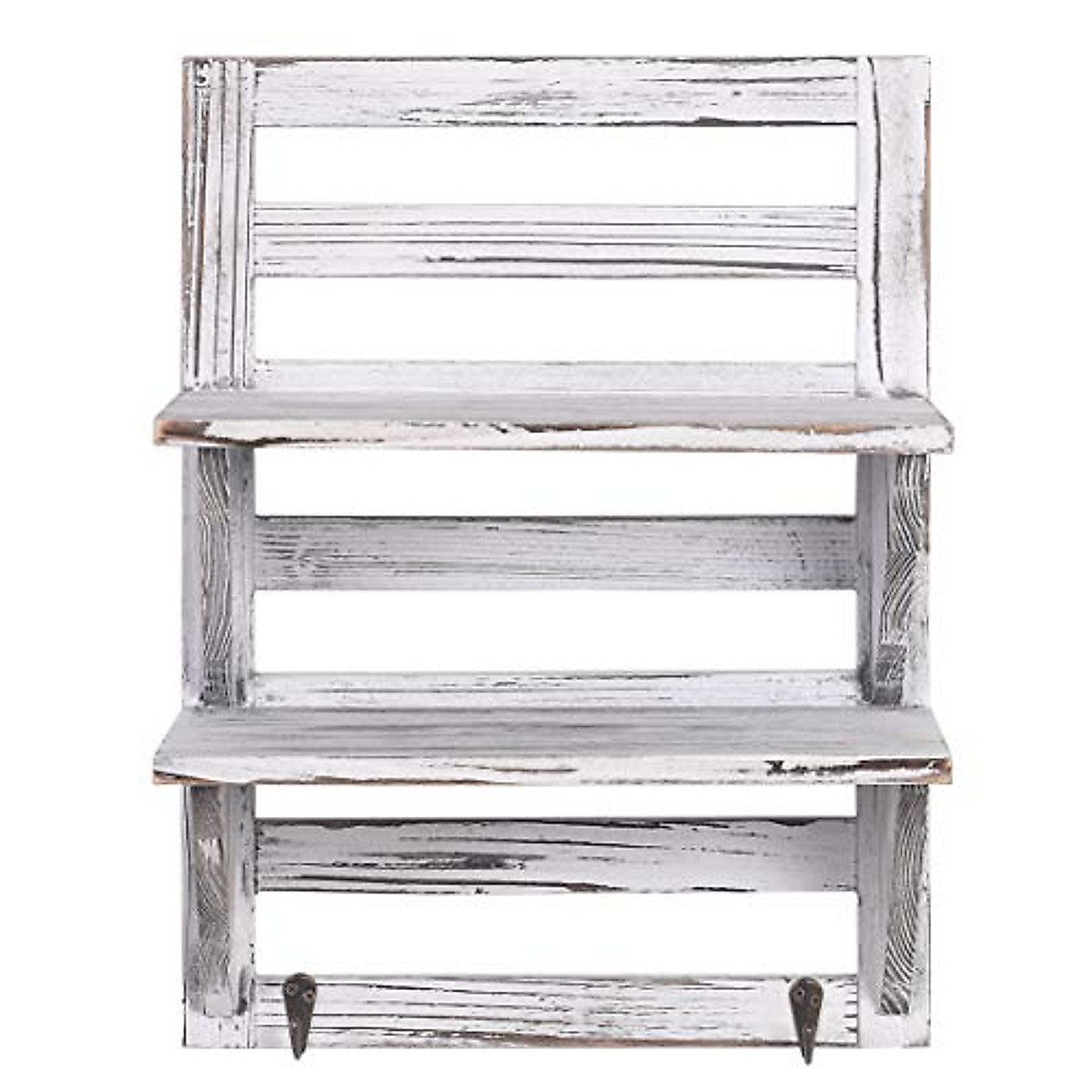 RHF Rustic Wall Shelf, Wood Wall Shelves, Hanging Shelf Organizer Rack, Decorative Floating Shelves for Living Room, Bathroom, Kitchen, Office - 2 Hooks 2-Tier (White)