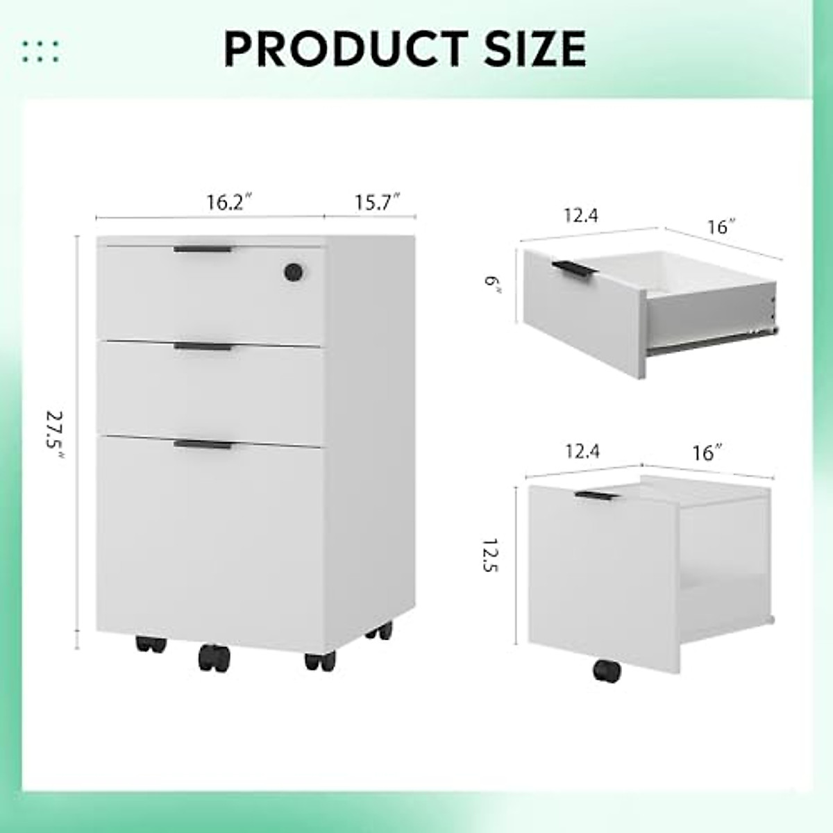 GOSROMS 3 Drawer File Cabinet with Lock & Charging Station, Wooden Move File Cabinet with Wheels, for Home Office, A4/Letter Size Files Under Desk - White