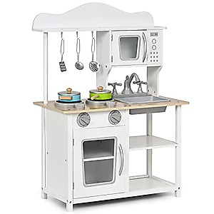 Costzon Kids Kitchen Playset, Wooden Play Kitchen w/Sink, Oven, Microwave, Stove, Pots, Utensils, Pretend Play Cooking Set w/Shelf, Cabinets, Great Gift for Toddlers Boys Girls