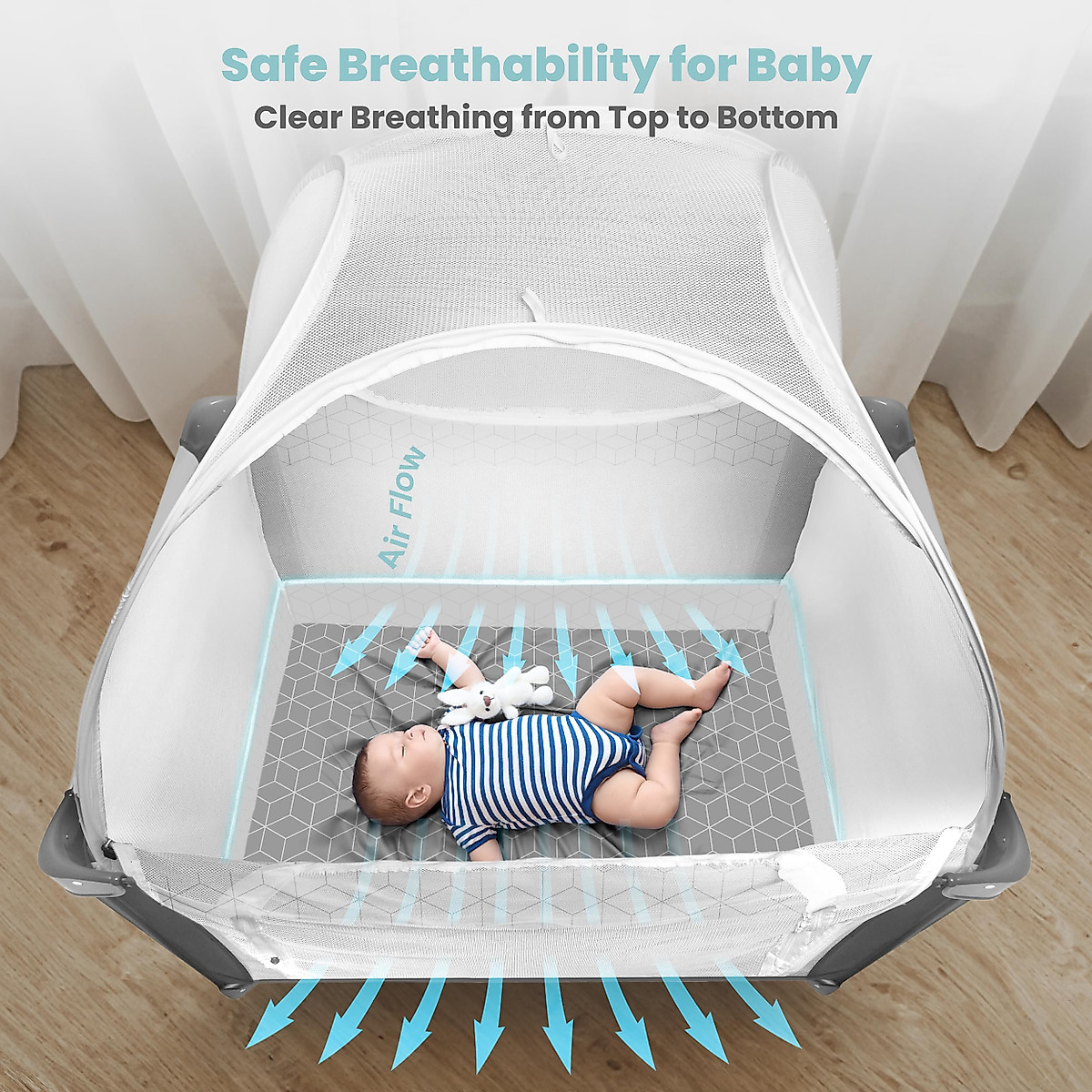 Pro Baby Safety Premium Pack n Play Tent, Mini Crib Tent to Keep Baby from Climbing Out, Auto Pop Up Pack and Play Tent with Auto-Lock Zippers, Thick Velvety Breathable Mesh (Geometric Cubes)