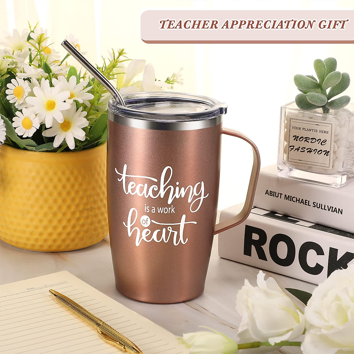 Nuenen 4 Set Teacher Appreciation Gifts, 16 oz Teacher Travel Mug with Handle and Lid, Teachers Day, Birthday Gifts For Teacher, New Teacher Graduation Gifts, Thank You Tumbler Gift(Teal)