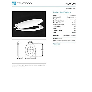 Centoco Elongated Toilet Seat Plastic, Oblong, Oval, Toilet Lid, Standard Residential Use, Economy, Made in the USA, 1600-001, White