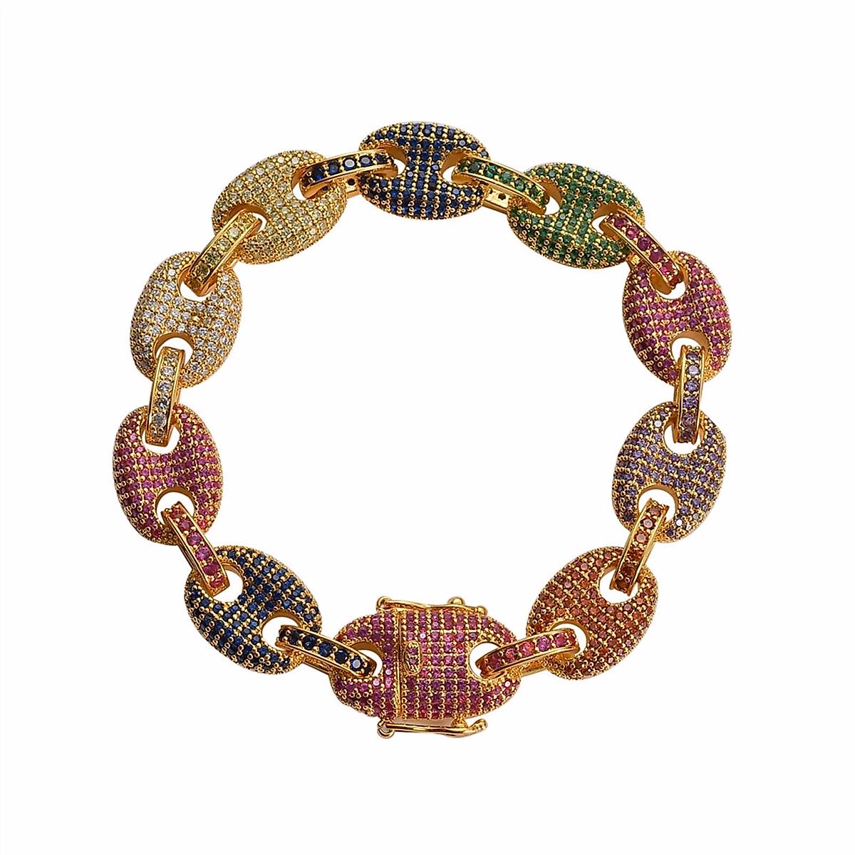 Five Domains Hip hop Hip Hop Bracelet Color Zircon Pig Nose Chain Coffee Bean Chain Real Gold Plated Men's Hip Hop Jigs (Color : Golden8inch)