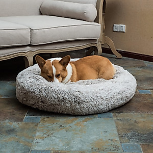 Coohom Oval Calming Donut Cuddler Dog Bed,Shag Faux Fur Cat Bed Washable Round Pillow Pet Bed(30"/36"/43") for Small Medium Dogs (L(30"x24"x8"),Light Brown)
