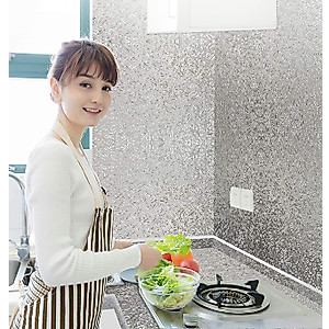 Feisoon Silver Contact Paper Kitchen Backsplash Water/Oil Proof Wallpaper Metallic Peel and Stick Wallpaper 16"X118" Self Adhesive Aluminum Foil Contact Paper for Kitchen Countertop Cabinet Drawer