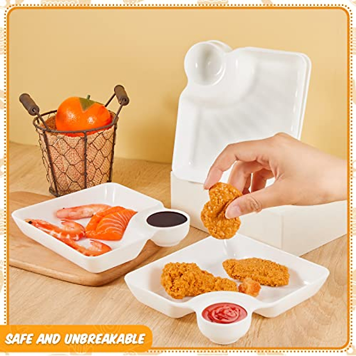 Mumufy 8 Pcs Chip and Dip Serving Set Serving Dishes Plastic Serving Platter Dumpling Plate with Sauce Compartment Japanese Plates Small Dip Tray for Sushi Taco Salsa Snack Food (White)