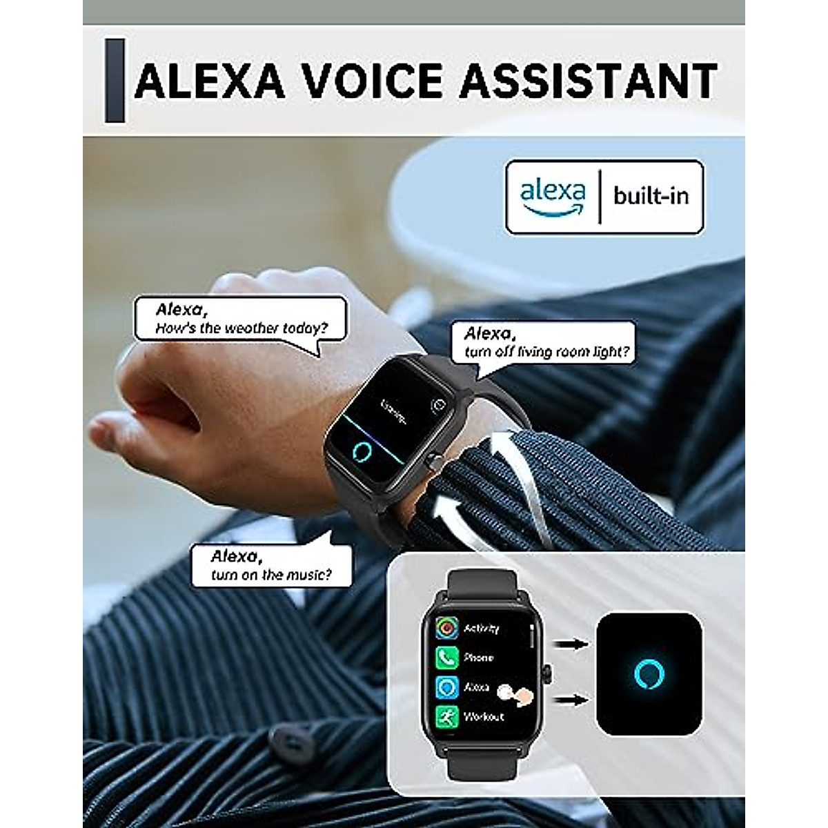Smart Watch for Men Women, Answer Make Call, Alexa Built-in, 1.8" Touch Screen Fitness Tracker for iphone Android with 100+ Sport Modes, Heart Rate Blood Oxygen Sleep Monitor, IP68 Waterproof watch