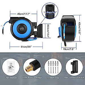 80FT + 6.5FT Retractable Air Hose Reel, Wall Mount Penumatic Hose Reel for Garage Workshop, Automatic Rewind, 3/8" x 80' Hybrid Air Hose with Brass Fittings + Bend Restrictors, 300PSI