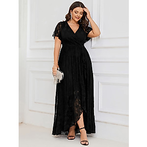 Ever-Pretty Plus Women's V Neck Ruffles Sleeves Pleated Lace Summer Plus Size Semi Formal Dress for Curvy Women Black US20
