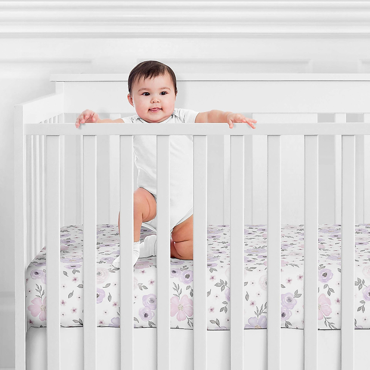 Sweet Jojo Designs Floral Girl Jersey Stretch Knit Baby Fitted Crib Sheet for Soft Toddler Bed Nursery - Lavender Purple, Pink and Grey Boho Shabby Chic Rose Watercolor Flower