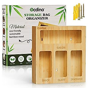 Ziplock Bag Organizer - Plastic Storage Bag Organizer for Kitchen Drawer - Bamboo Quart Baggie Organizer Dispenser for Gallon, Sandwich, Cookies, Snack Bags - Handmade Wooden Plastic Bag Holder-OCDINA