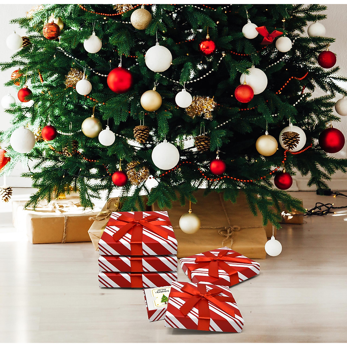 Christmas Card Gift Box Holder with Bows Pack of 6 Red & White Candy Cane Stripe Holiday Gifts Greeting Cards Present Wrap Square Boxes Cash Money Holders Party Favor Decor for Xmas Party Decorations