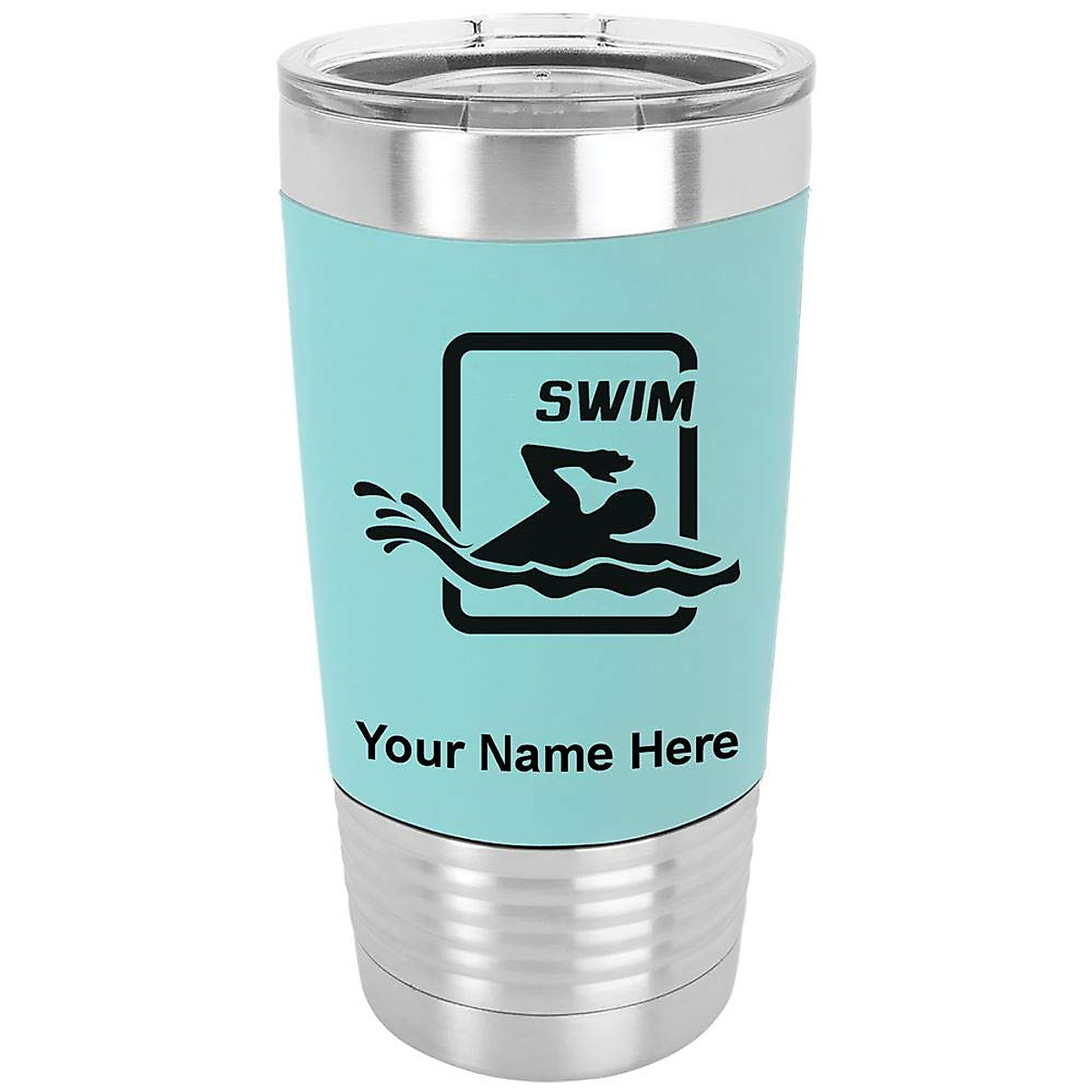 LaserGram 20oz Vacuum Insulated Tumbler Mug, Swimming, Personalized Engraving Included (Silicone Grip, Teal)