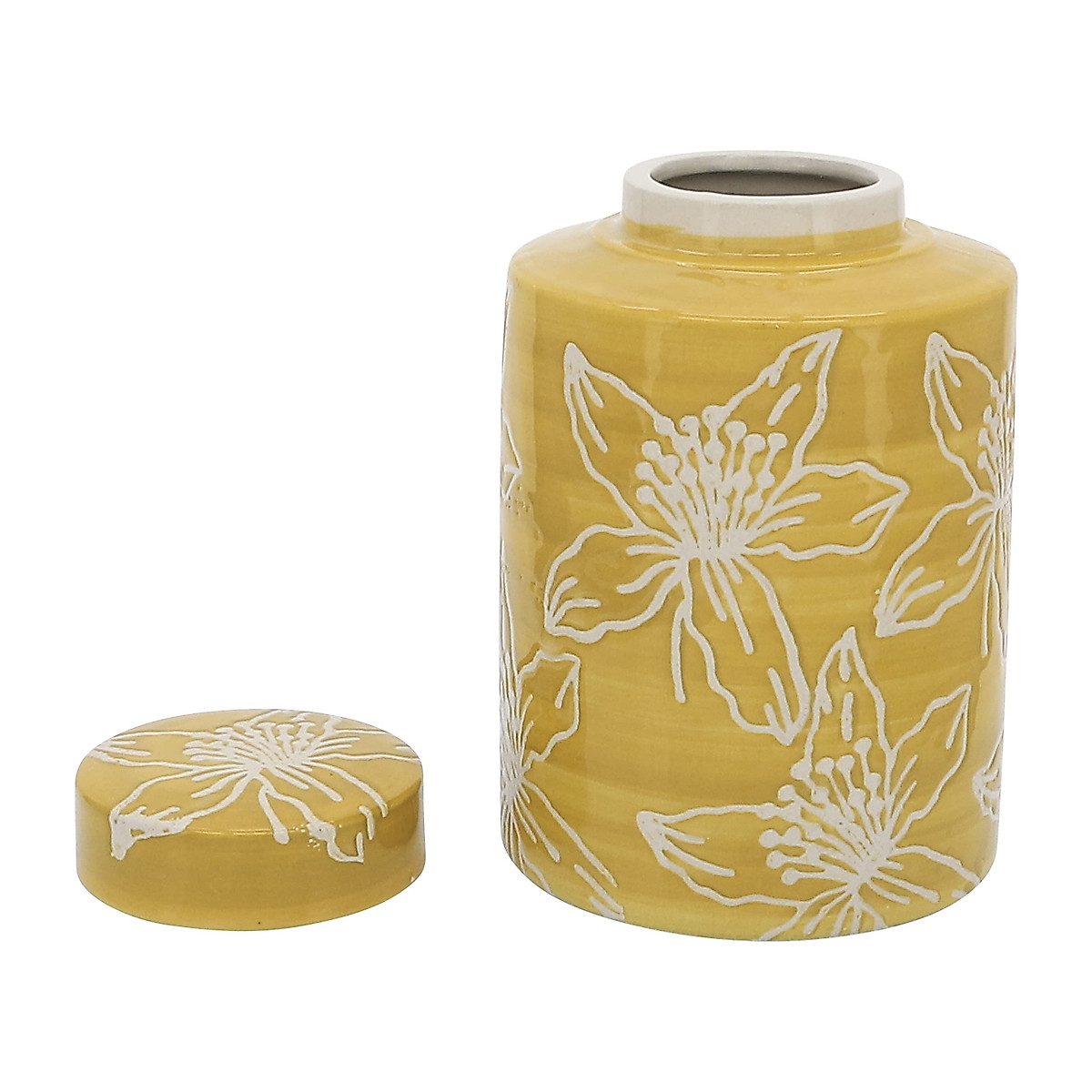 Sagebrook Home Cylinder Ceramic Jars Flower W/Lid Decorative Jars, Vases, Elegant Storage Containers for Home Decor and Kitchen Interior Design, 9" H, Yellow