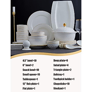 Plate and Bowl SetKitchen Tableware Set,Ceramics Dinner Sets, 60 Pieces Handmade Gold Bone China Dinnerware Set | Cereals Bowl & Dish & Soup Pot for Family Gathering - Porcelain Combination Set