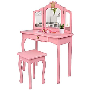 VALUE BOX Kids Vanity Table and Chair Set, 2 in 1 Princess Makeup Dressing Table with Drawer & Tri-Folding Mirror, Child Pretend Beauty Play Vanity Set for Girls