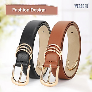 WERFORU 2 Pack Women Leather Belt for Jeans Pants, Ladies Leather Belt with Gold Buckle
