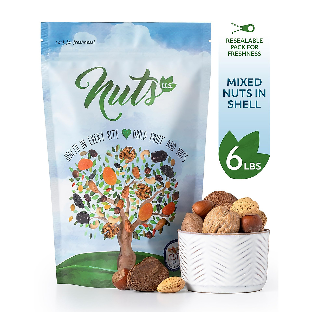 NUTS U.S. – Mixed Nuts In Shell (Almonds, Walnuts, Hazelnuts, Pecans, Brazil Nuts) | No Added Colors and No Artificial Flavors | Fresh Buttery Taste and Raw |Packed In Resealable Bags!!! (6 LBS)