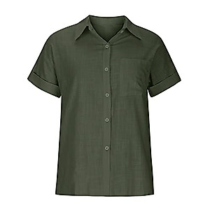 Ceboyel Linen Cotton Blouses for Women Button Down Causal Shirts Solid Color Summer Tops Dressy Work Office Ladies Clothes Button Up Shirt Women Army Green 2X