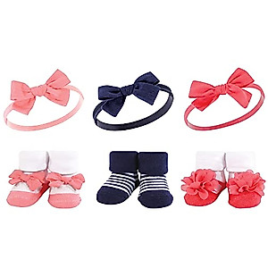 Hudson Baby Baby Girls' Headband and Socks Giftset, Navy Coral, One Size