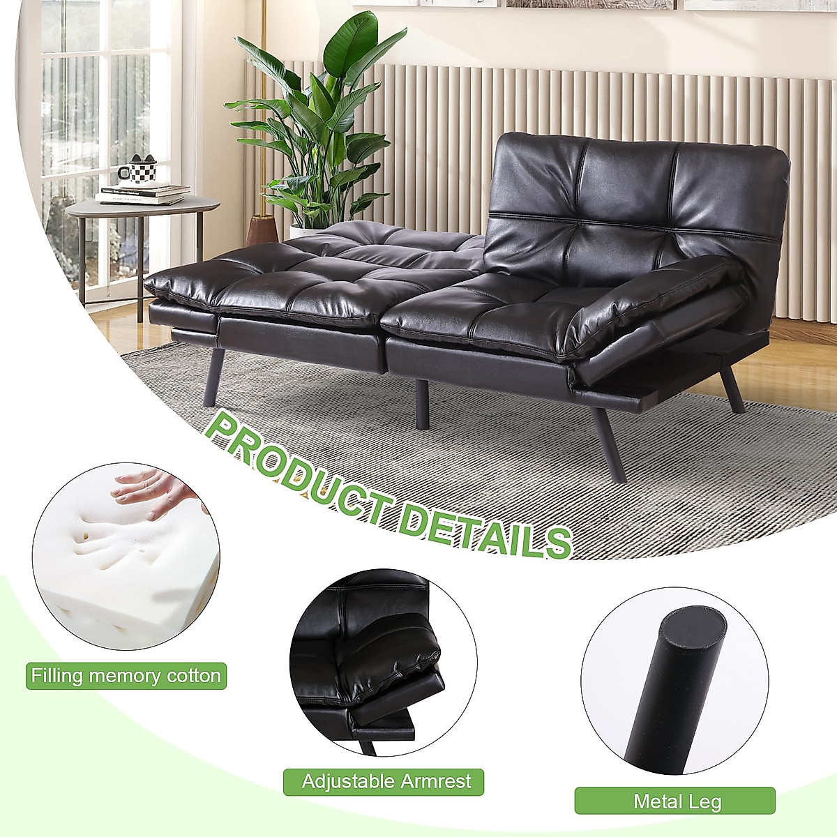 MUUEGM Faux Leather Memory Foam Convertible FoldIing Futon Sofa Bed, Modern Lounge Sofa with Adjustable Backrest Armrests, Futon Couch for Living Room with Loveseats in Black.（Leather,Black）