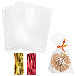 Morepack Cello Cellophane 4x6 Inches Cookie Bags 200 Pcs OPP Plastic Clear Treat Bags with 200 Twist Ties for Gift Wrapping,Packaging Candies,Dessert,Bakery,Chocolate,Party Favors