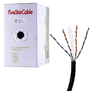FiveStarCable Cat6 CMR 1000 Ft 23AWG Riser Rated Solid Bare Copper Cable 4 Twisted Pair UTP Bulk Ethernet Router Network POE Security Camera Cable LAN Cable PVC Black