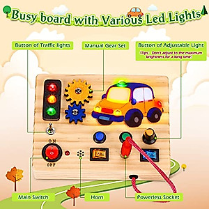 Auney Montessori Busy Board with Traffic Led Lights,Wooden Sensory Toys for Toddlers 1-3,Baby Travel Toys with 7 Different Led Lights Sound Button,Educational Toys for 1+ Year Old Boy Car Style Gift