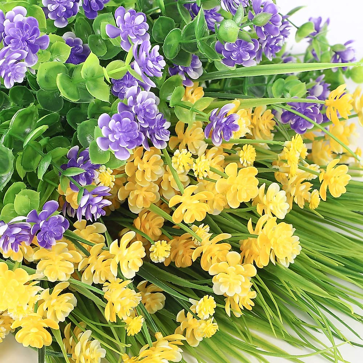 CEWOR 9pcs Artificial Flowers, UV Resistant Faux Outdoor Flowers, Fake Plastic Flowers for Cemetery Decoration Home Kitchen Bedroom Wedding Party Decor (Yellow, Purple, Green)