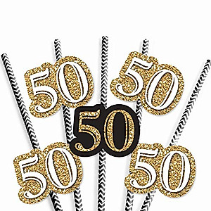 Adult 50th Birthday - Gold - Paper Straw Decor - Birthday Party Striped Decorative Straws - Set of 24