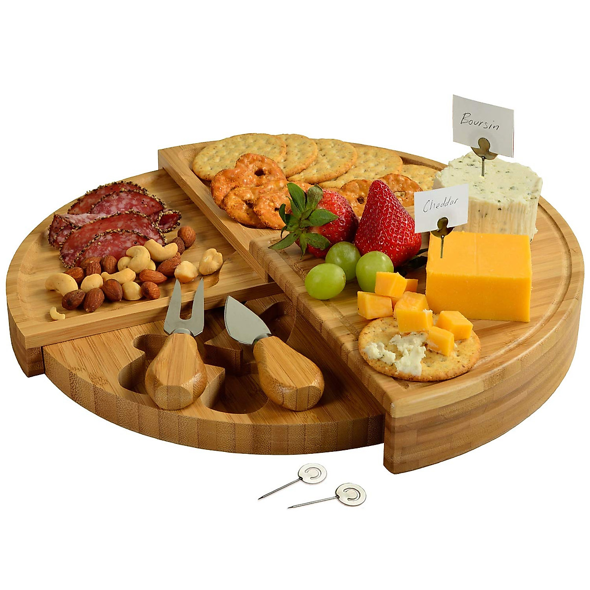 Picnic at Ascot Bamboo Cheese/Charcuterie Board with Knives & Cheese Markers- Innovative Patented Design enables All in One Storage