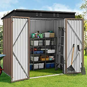 Gizoon 6' x 4' Outdoor Storage Shed with Double Lockable Doors, Anti-Corrosion Metal Garden Shed, Waterproof Shed Outdoor Storage Clearance for Backyard Patio Lawn-Brown