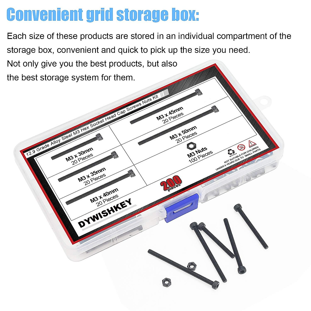 DYWISHKEY 200 Pieces M3 x 30mm/35mm/40mm/45mm/50mm, 12.9 Grade Alloy Steel Hex Socket Head Cap Bolts Screws Nuts Kit with Hex Wrench