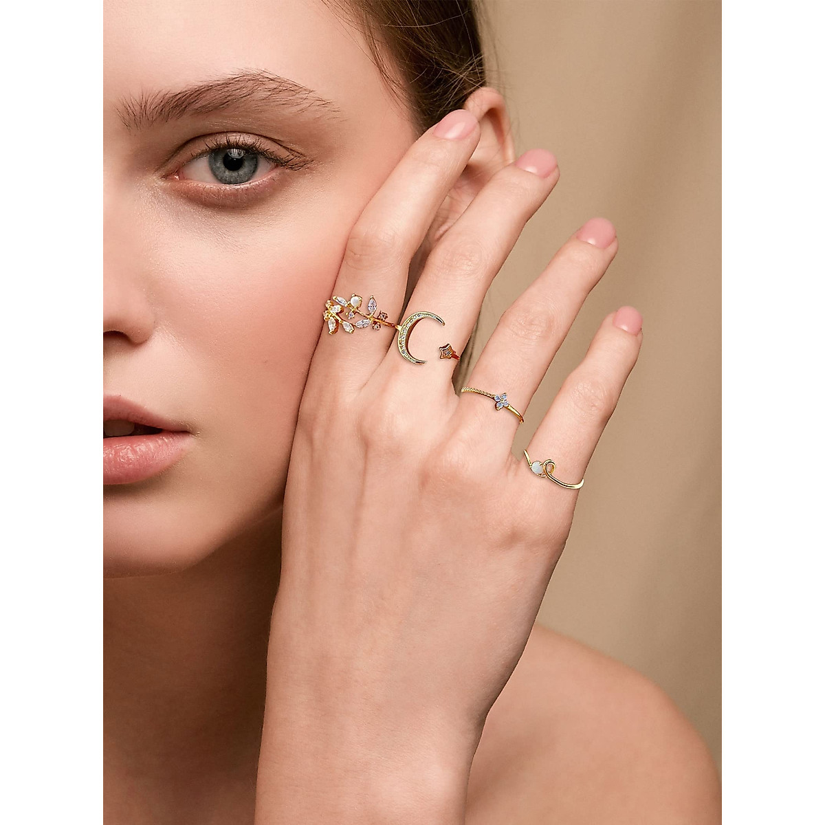 Long tiantian Stacking Rings for Women Moon Star Knuckle Rings for Women Gifts Simple Boho Rings Set Cute Stackable Aesthetic Rings Christmas Stocking Stuffers Gifts(Moon and Star)