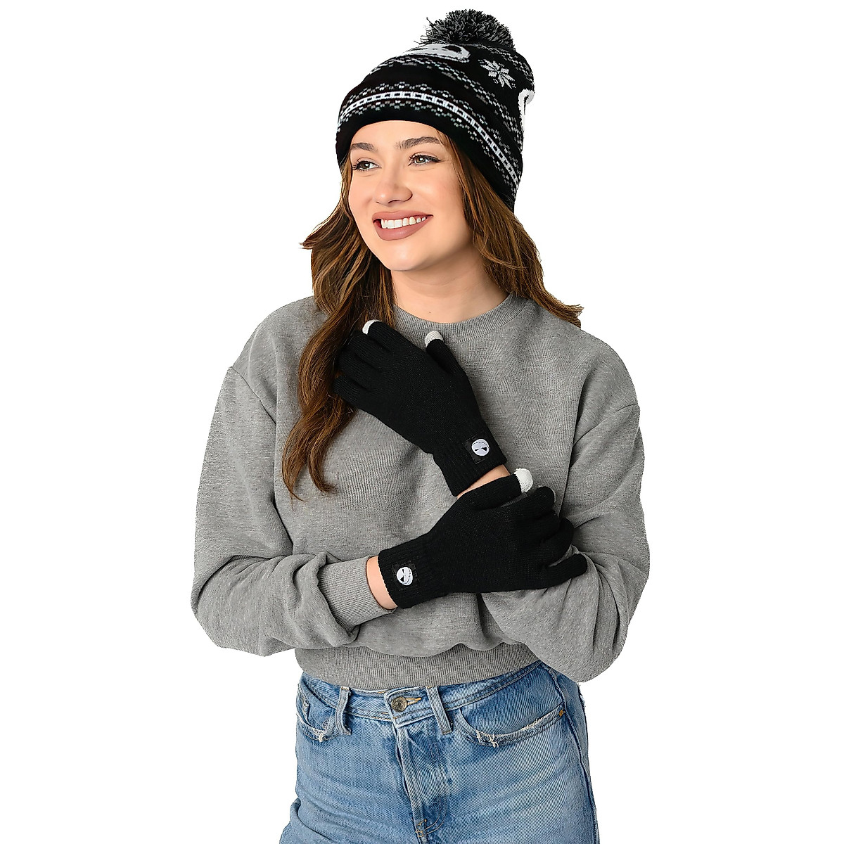 Disney Jack Skellington Womens Knit Beanie Hat and Texting Glove Set (Black)