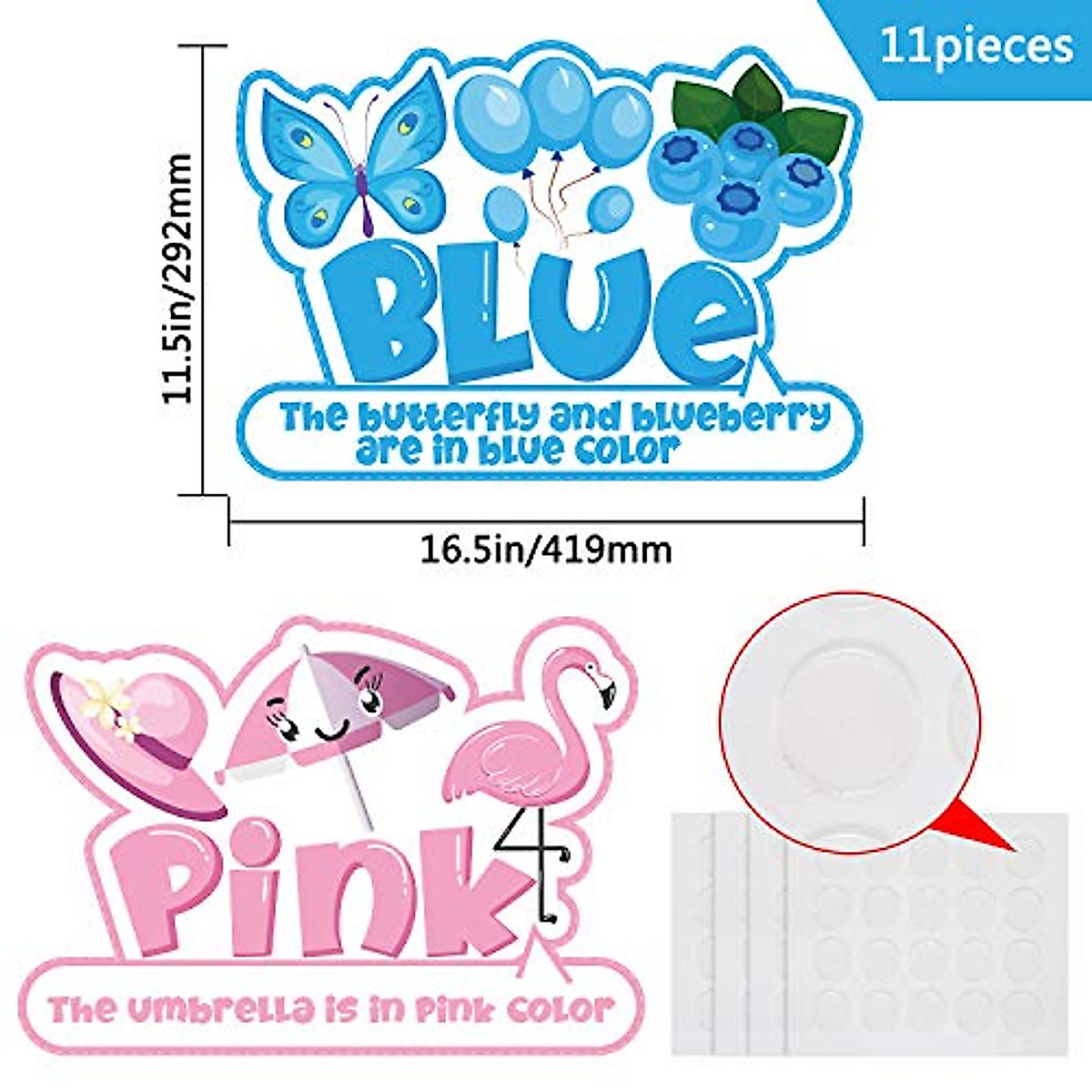 11 Pieces Color Poster for Preschool Classroom Bulletin Board Set Fruit Animal Vegetable Words Learning Color Cutouts with 100 Pcs Glue Point for Toddler Kid Classroom Decorations, 16.5 x 11.5 Inch