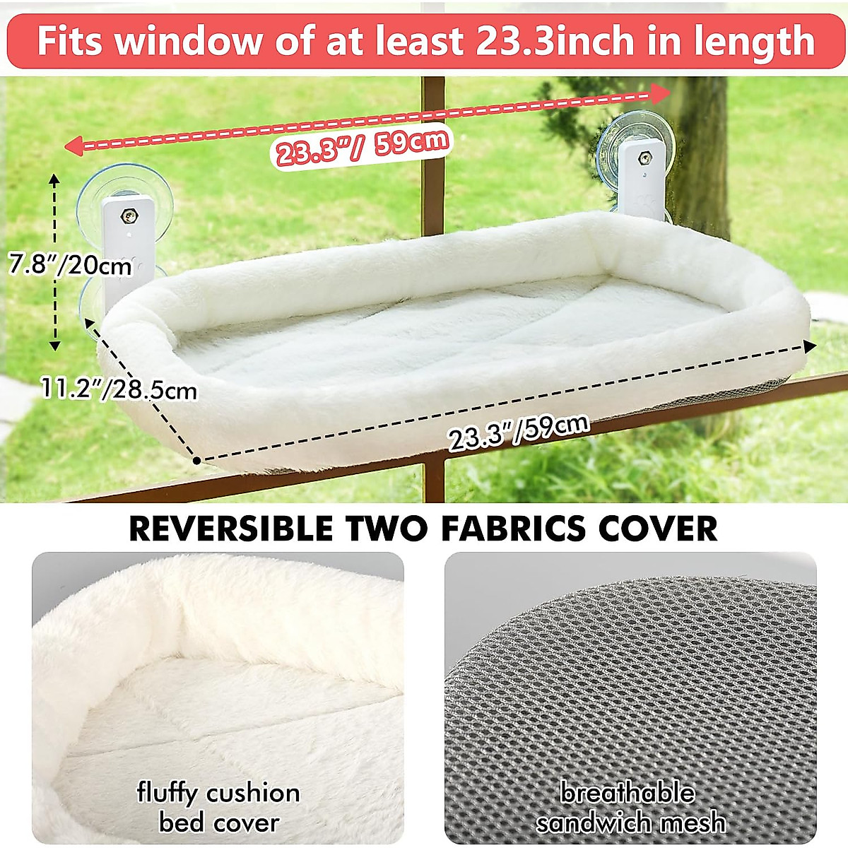 AMOSIJOY Cordless Cat Window Perch, Cat Hammock for Window with 4 Strong Suction Cups, Solid Metal Frame and Soft Cover, Cat Beds for Indoor Cats