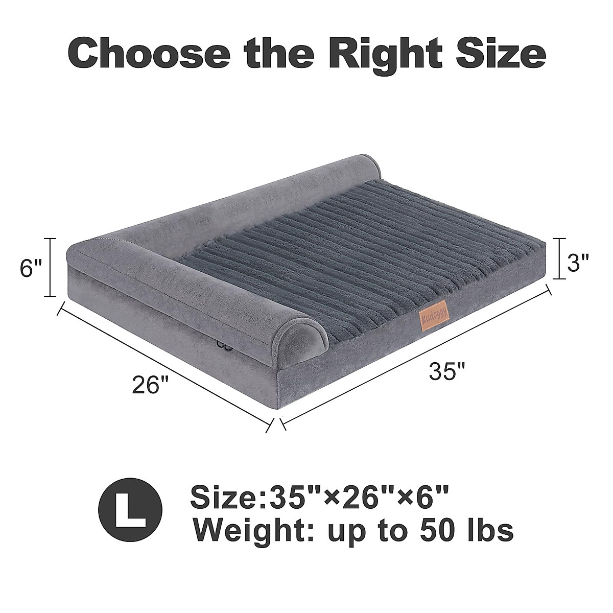 Kudoggy Large Dog Bed, Orthopedic Dog Beds for Large Dogs, Dog Sofa Bed with L-Shaped Bolster, Memory Foam Dog Bed with Waterproof Liner and Washable Cover, 35"x26", Grey
