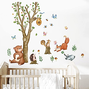 wondever Woodland Animals Wall Stickers Birch Tree Bear Fox Peel and Stick Wall Art Decals for Kids Bedroom Baby Nursery