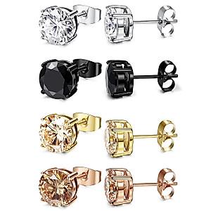 FIBO STEEL 4 Pairs Stainless Steel Stud Earrings for Men Women Ear Piercing Earrings Cubic Zirconia Inlaid,3-8 mm (Round 5mm)