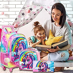 FTJCF 3PCS Rolling Backpack for Girls, Kids Unicorn Roller Bookbag with Wheels, Wheeled School Bag Set for Elementary -Rainbow