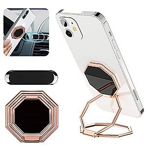 Cell Phone Ring Holder Finger Kickstand, Miivaarz 360° Rotation Cellphone Back Grip, Foldable Metal Ultra-Thin Phone Stand for iPhone iPad Smartphones (with Universal Magnetic Car Mount) (Rose Gold)