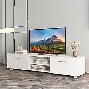 Noskatu Modern TV Stand with 2 Storage Cabinets Entertainment Center for 65 inch TV Simple Television Media Console Table with 2 Open Shelves Wood TV Unit for Home Living Room Bedroom White