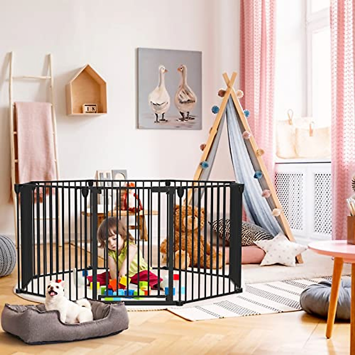 Kfvigoho Baby Gate 35"-198" Extra-Wide Gate for Stairs, Play Yard Child Safety Gate, Dog-gate with Auto-Close Door, Double Locking System for Fireplace, Kitchen, Foldable 8 Steel Panels, 29" Height
