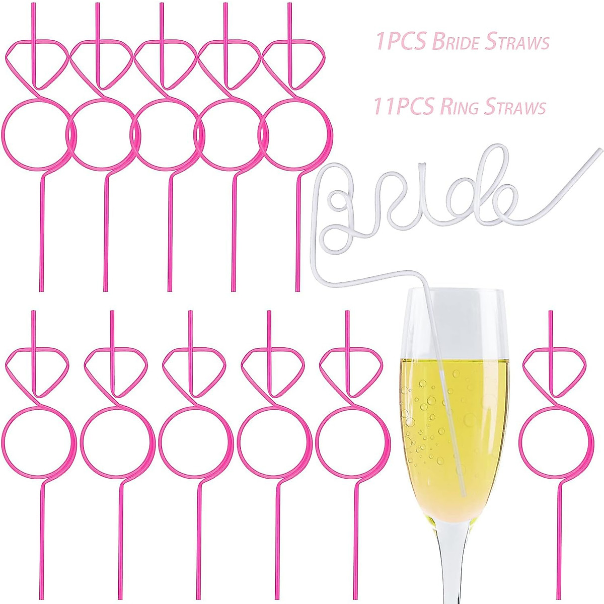 CHSLtmxq 12pcs Reusable Bachelorette Party Decoration Straws, Includes 1 White Large Bride Straw,11 Pink Diamond Ring Straws, Bride party Favors Bridal Shower Wedding Engagement 12.6‘’ With 2 Brushes