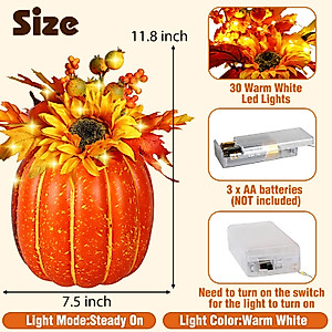 Roseeyo 11 Inch Lighted Pumpkin Decor, Thanksgiving Decorations Artificial Pumpkin with 30 LED Lights 9 Maple Leaves 2 Pumpkins 2 Berry Stems Sunflower Straw, Autumn Pumpkin Home Table Decorations