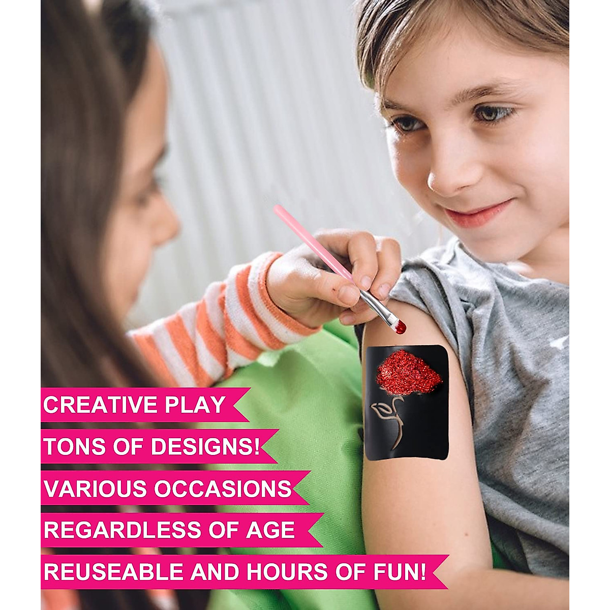 Temporary Glitter Tattoo Kit for Kids makeup,30 Body Glitter,3 Glitter Glue,5 Sheets Tattoos Stencil,5 Pcs Makeup Brush,6 Fluorescent Powder,Rhinestone Stickers,Holiday,Party,Nail Art