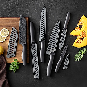 Marco Almond Kitchen Knife Set, KYA39 12-Piece Chef Knife Sets, 6 Knives with 6 Blade Guards, Stainless Steel Knives Set for Kitchen with Covers, Black