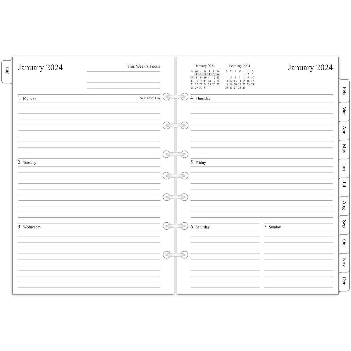 2024 Weekly & Monthly Planner Refill, 5-1/2" x 8-1/4", Runs from January 2024 to December 2024, Ruled Daily Boxes, Classic/Desk Size 4, 7-Hole Punched